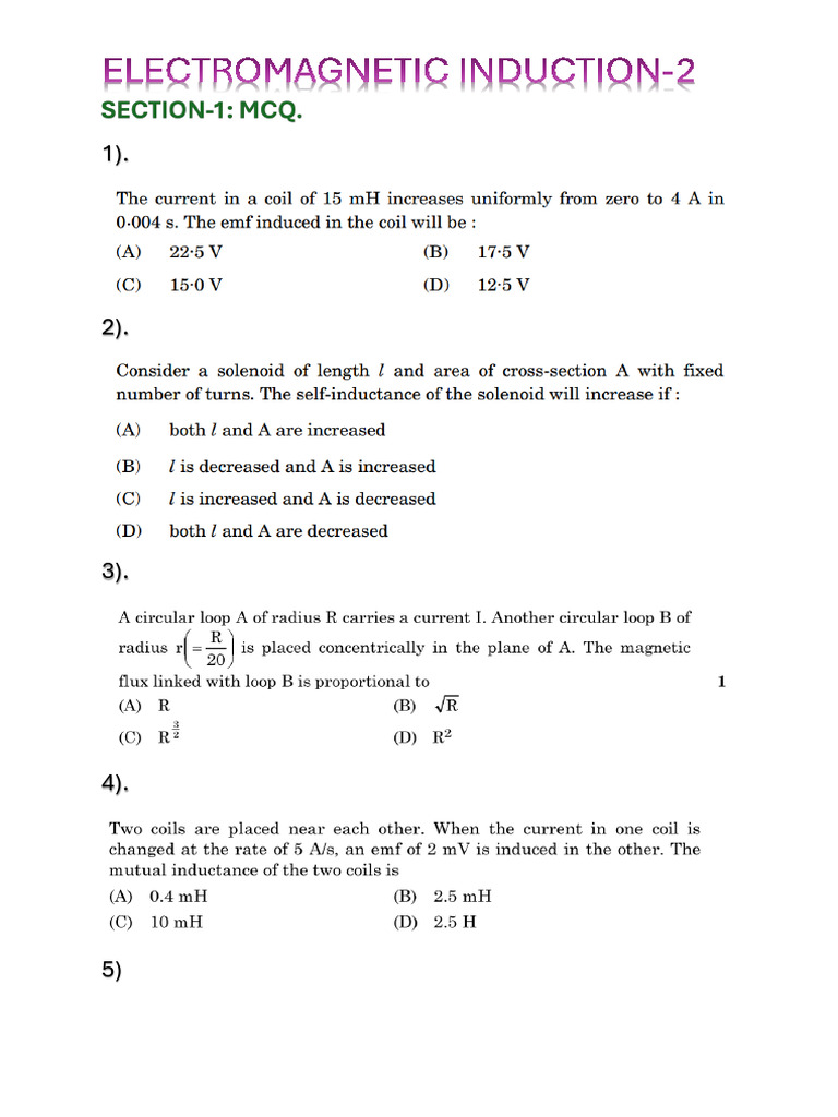 Class Xii Physics Electromagnetic Induction Worksheet 1 | PDF