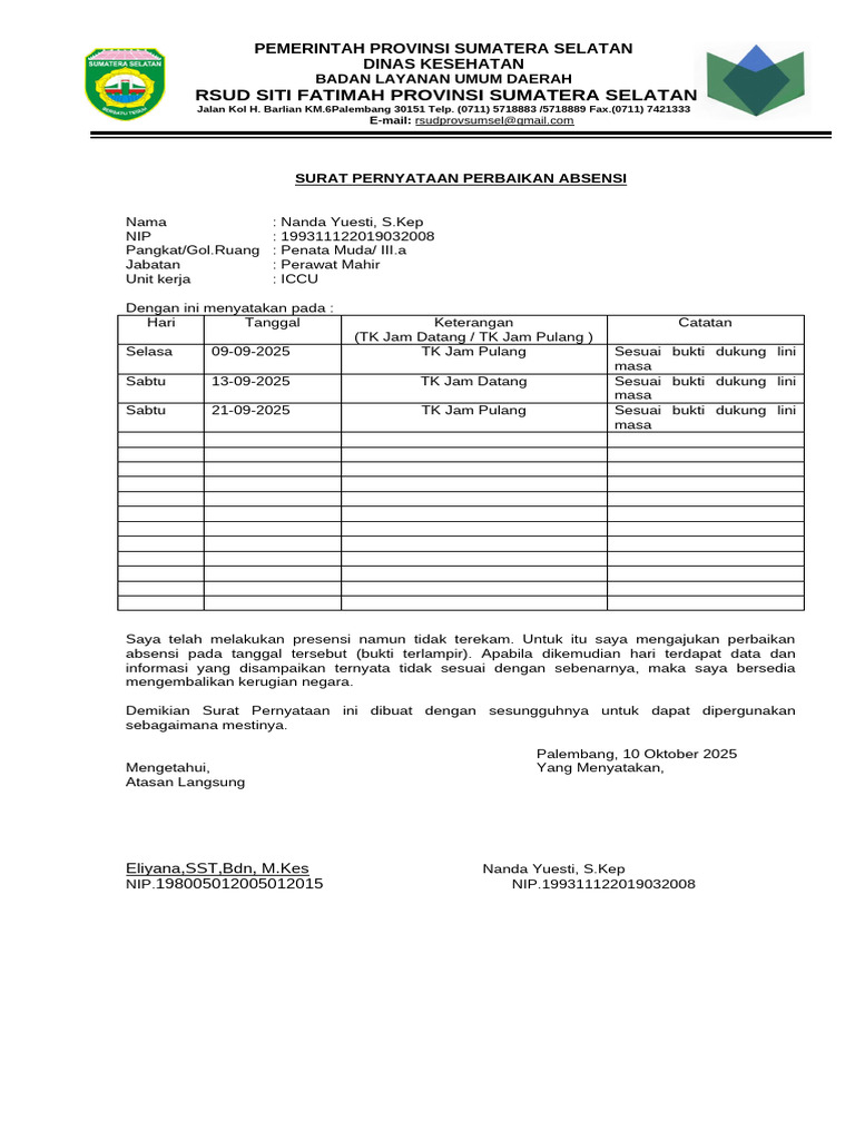 Surat Pernyataan Perbaikan Absen | PDF