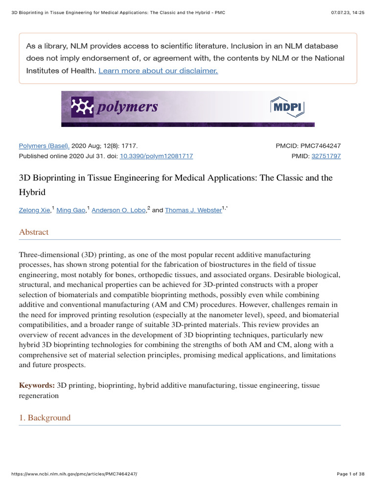 3D Bioprinting in Tissue Engineering For Medical Applications: The ...