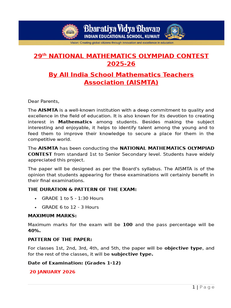 29th National Mathematics Olympiad Contest 2025 - Circular | PDF ...