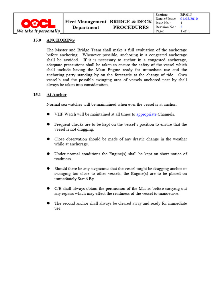 Fleet Management Department Bridge & Deck Procedures: 15.0 Anchoring | PDF