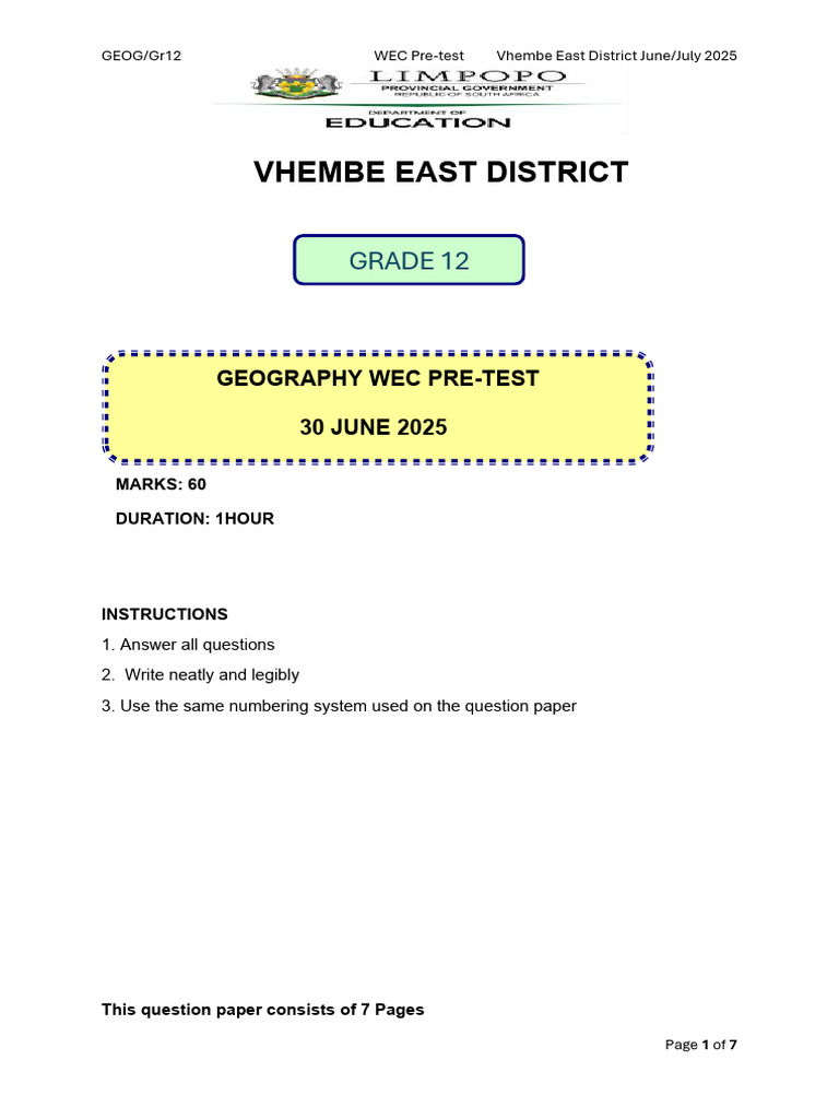 Grade 12 Geography WEC Pre-Test 2025 | PDF | Economies