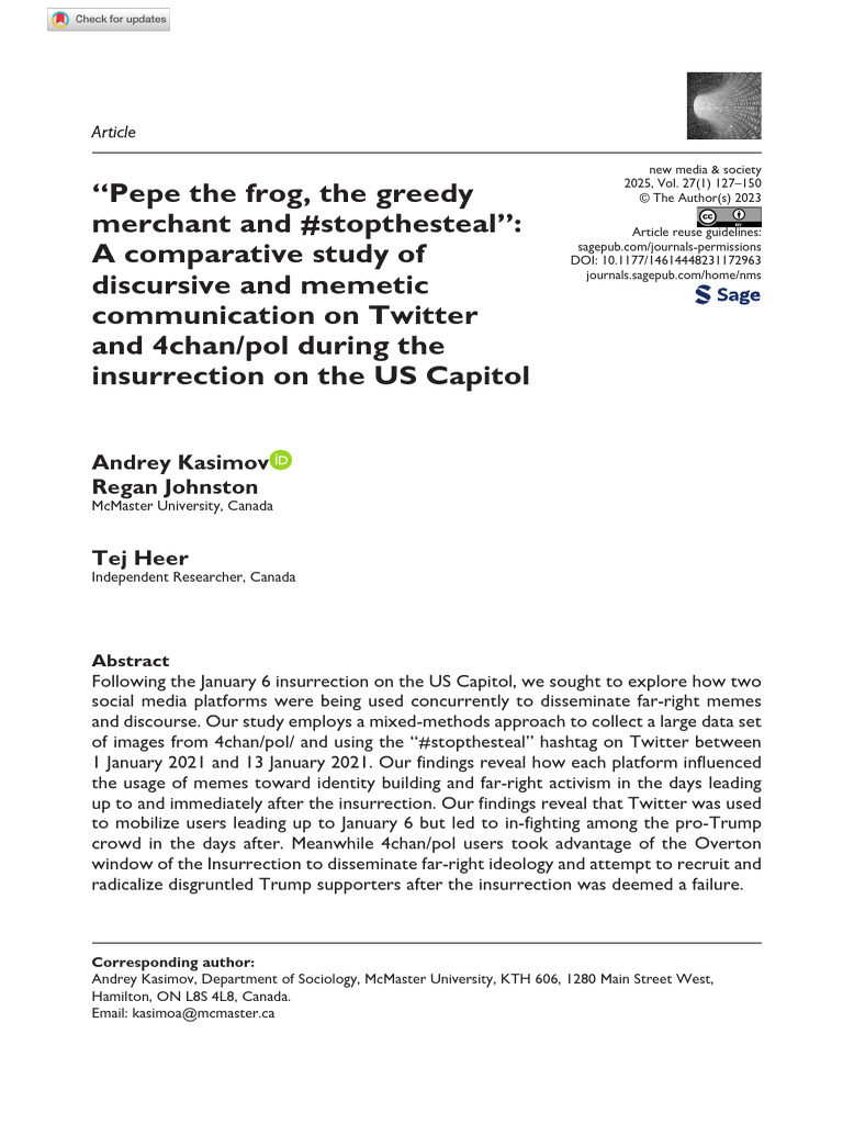 Kasimov Et Al 2023 Pepe The Frog The Greedy Merchant and Stopthesteal A Comparative Study of ...