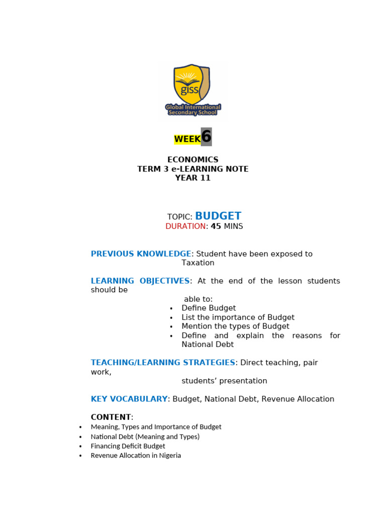 s2 Economics Week 6 - Budget | PDF | Government Budget Balance | Budget