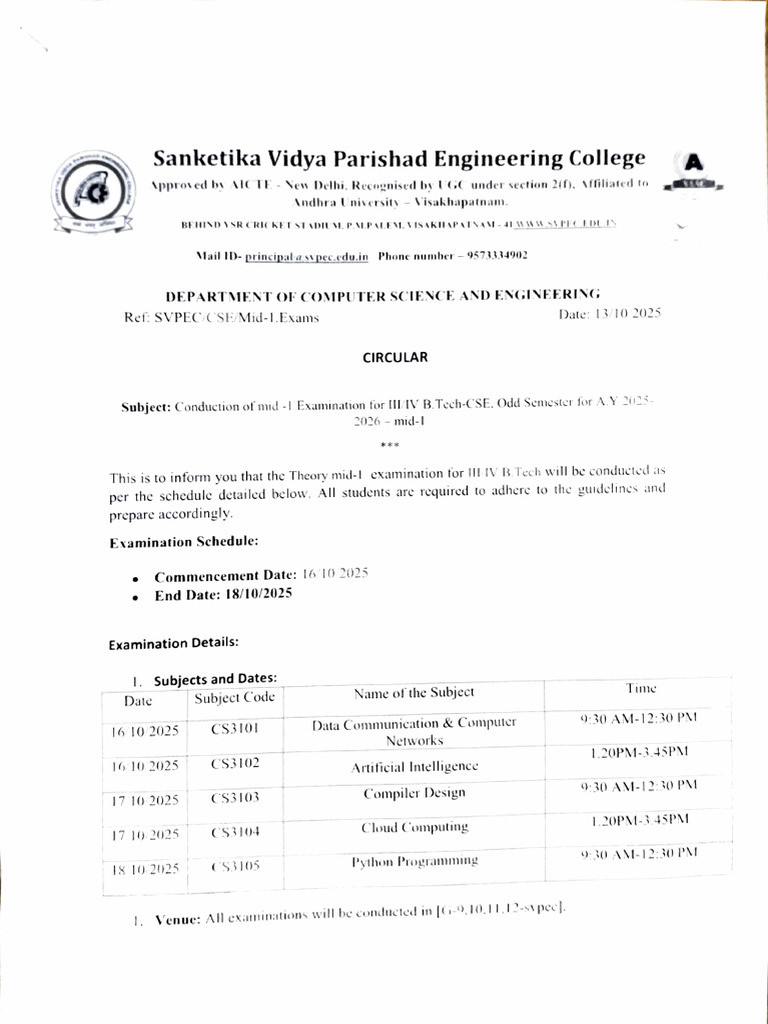 B.Tech CSE Mid-1 Exam Schedule 2025 | PDF | Computing