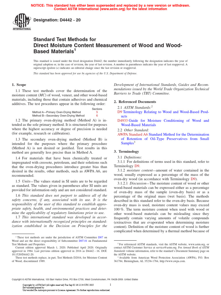 ASTM D4442: Wood Moisture Content Methods | PDF | Humidity | Wood