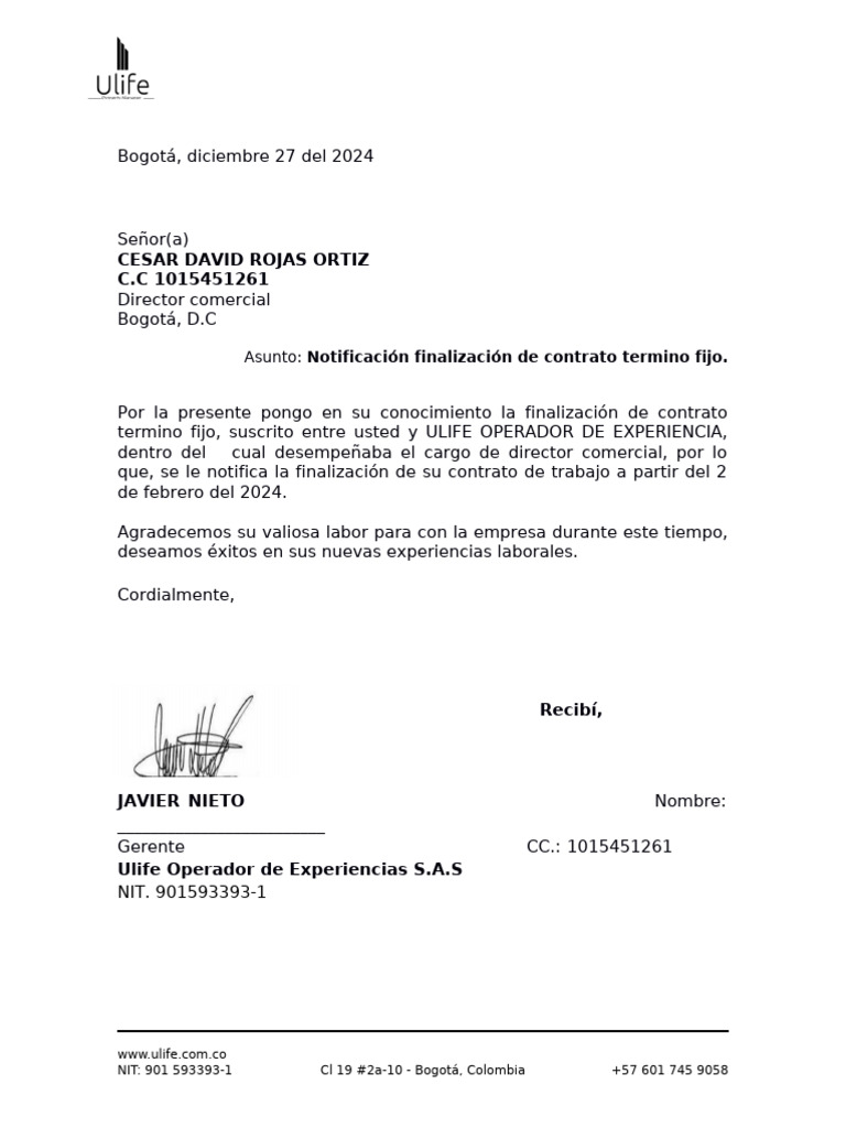 Fin Contrato Obra Labor 1 | PDF