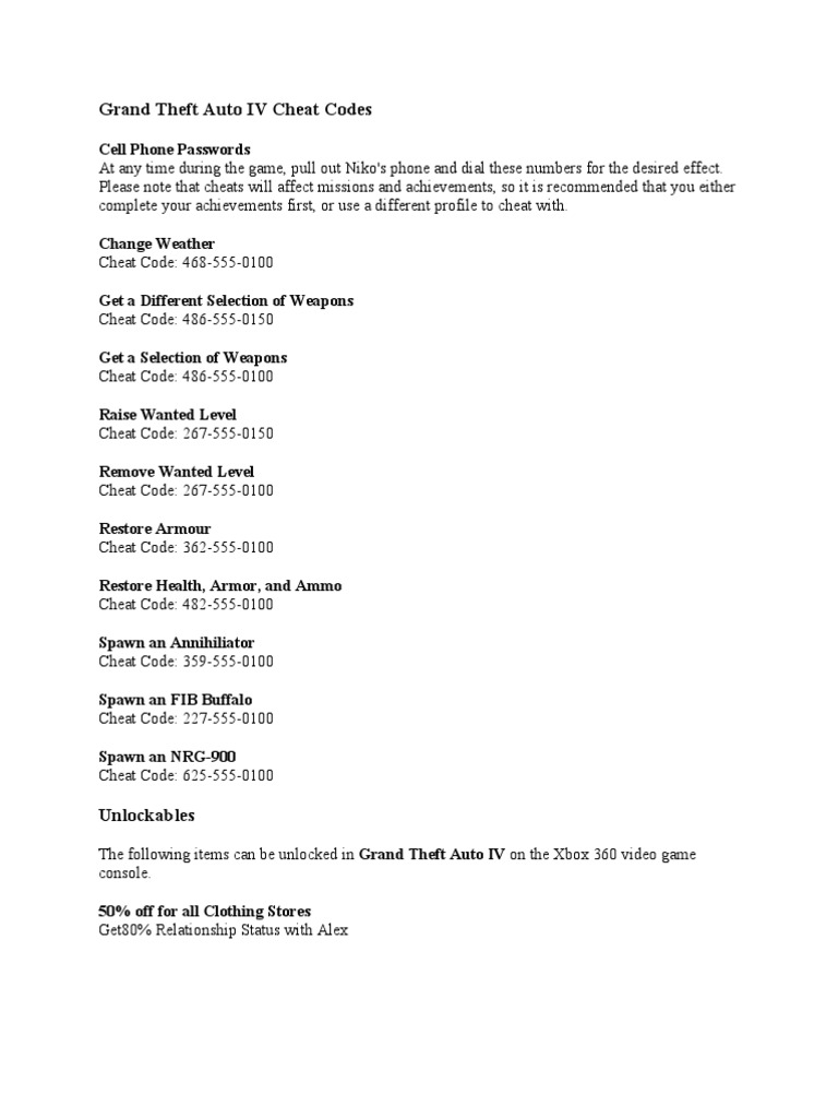 Grand Theft Auto IV Cheat Codes | PDF | Cheating In Video Games | Video ...