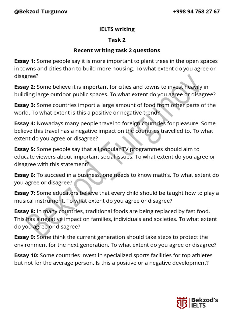 Recent IELTS Writing Task 2 Questions | PDF | Adolescence | Essays