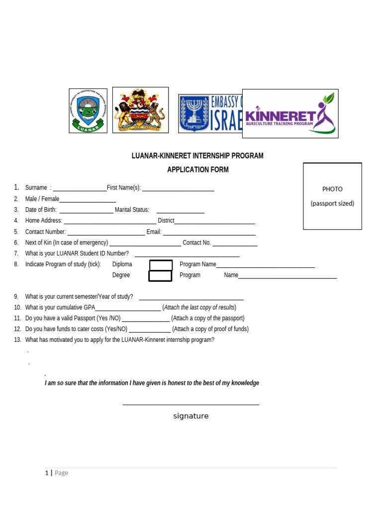 Luanar-Kinneret Internship Application Form | PDF