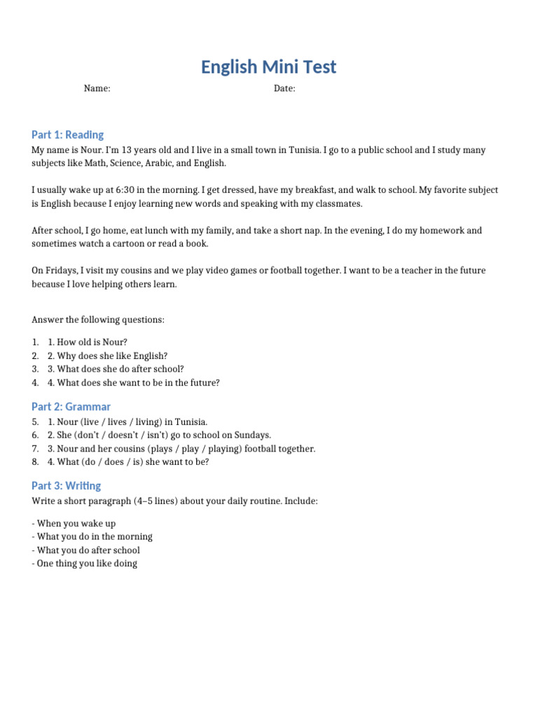English Mini Test 8th Grade | PDF