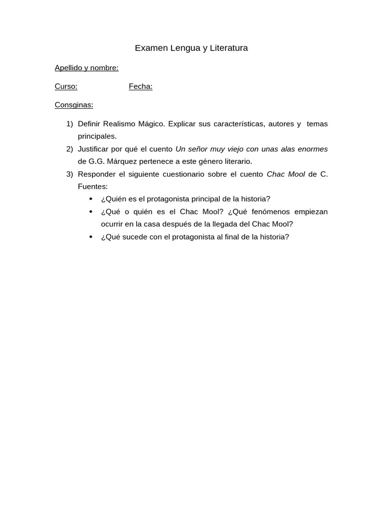 Examen sobre Realismo Mágico y Cuentos | PDF