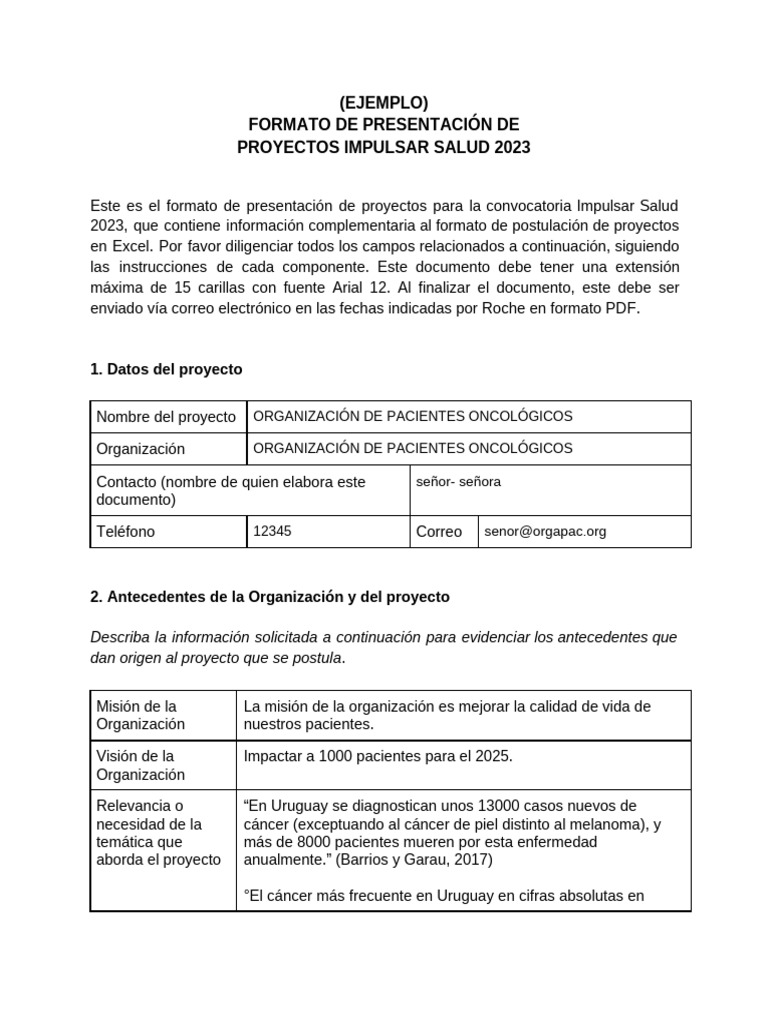 Ejemplo Formato de Presentacion Proyectos Impulsar Salud 2023 | PDF ...