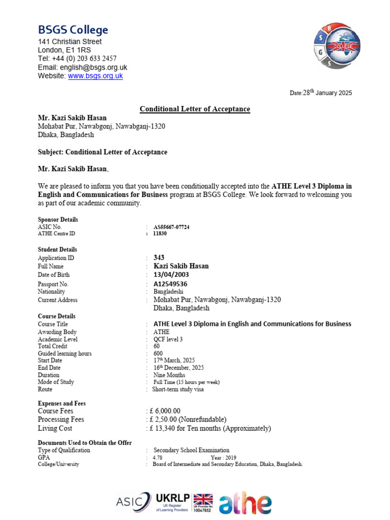 Conditional Letter of Acceptance | PDF