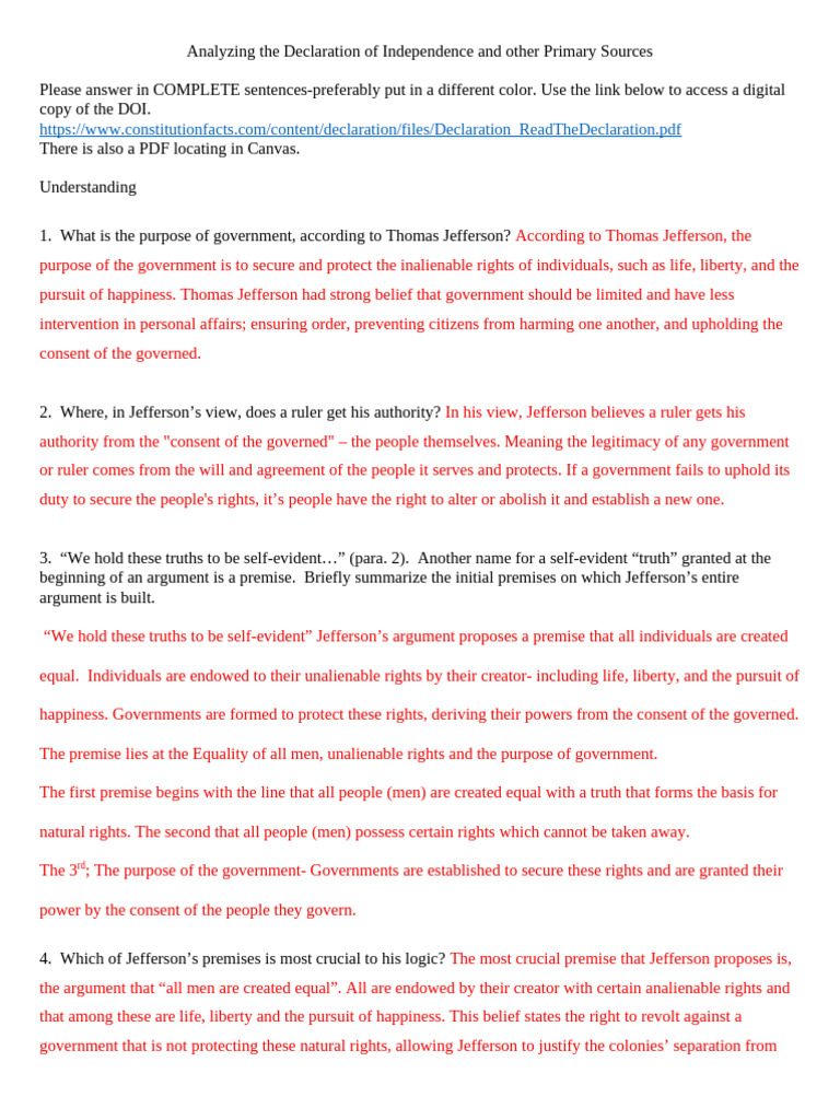 Analyzing The Declaration of Independence and Other Primary Sources ...