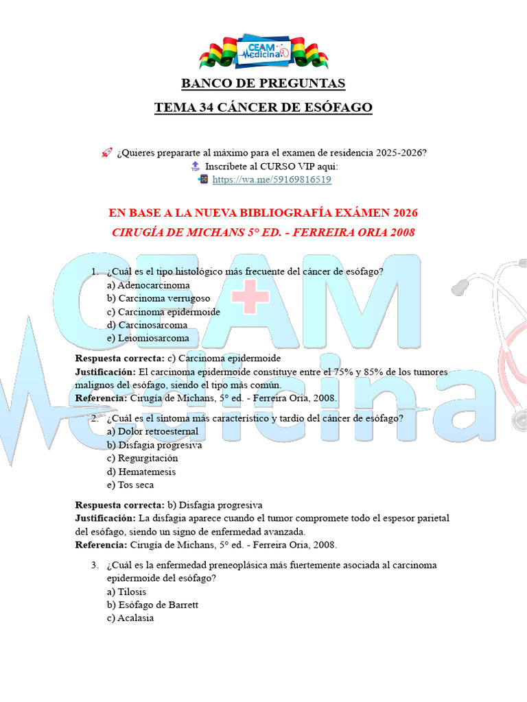 BANCO DE PREGUNTAS TEMA 34 CÁNCER DE ESÓFAGO CR | PDF | Cáncer de ...