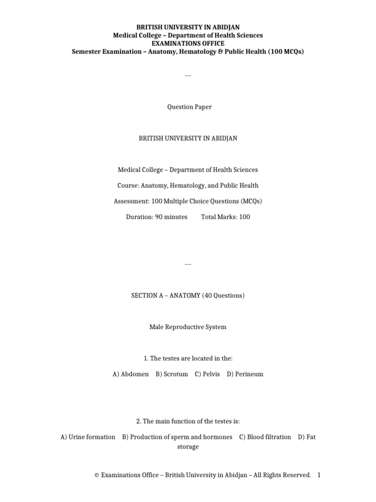 Anatomy and Hematology Exam MCQs | PDF | Digestion | Uterus