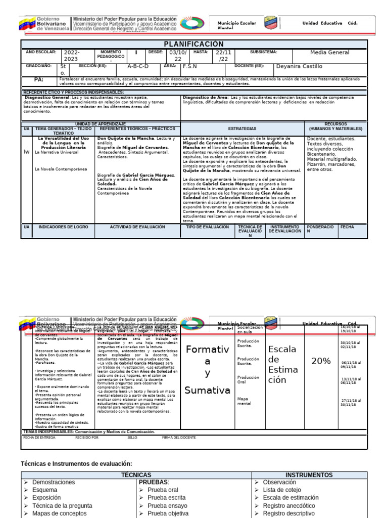 Planificación de Castellano 5to Año | PDF | Enseñando | Aprendizaje