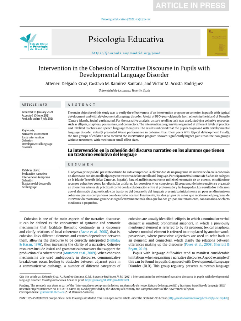 Intervention in The Cohesion of Narrative Discourse in Pupils With DLD | PDF | Analysis Of ...