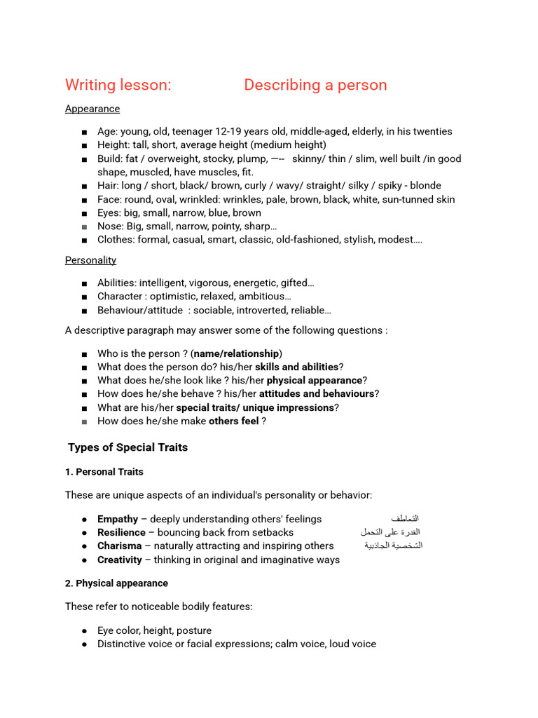 Writing Lesson - Describing A Person | PDF | Psychology | Psychological ...
