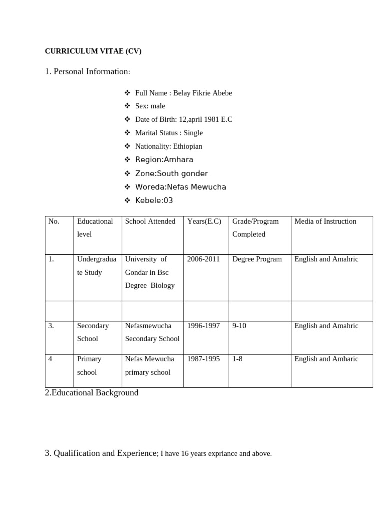 Ethiopian CV of Belay Fikrie Abebe | PDF