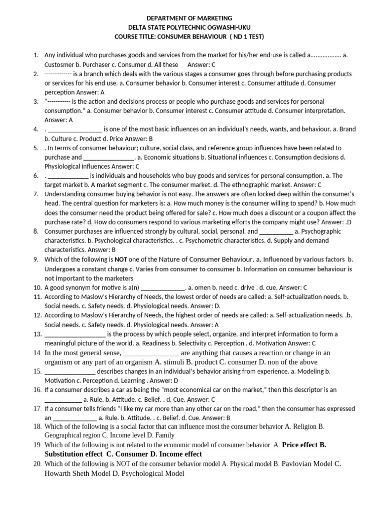 Test With Answers | PDF | Behavior | Consumer Behaviour