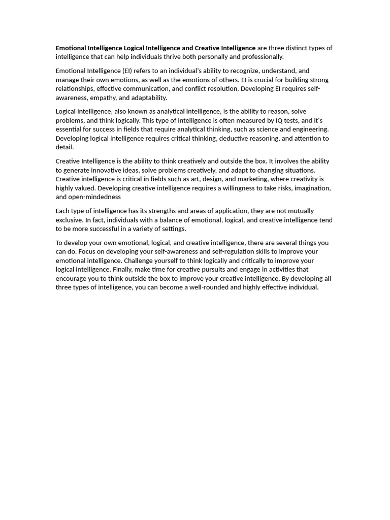 Types of Intelligence: EI, Logical, Creative | PDF