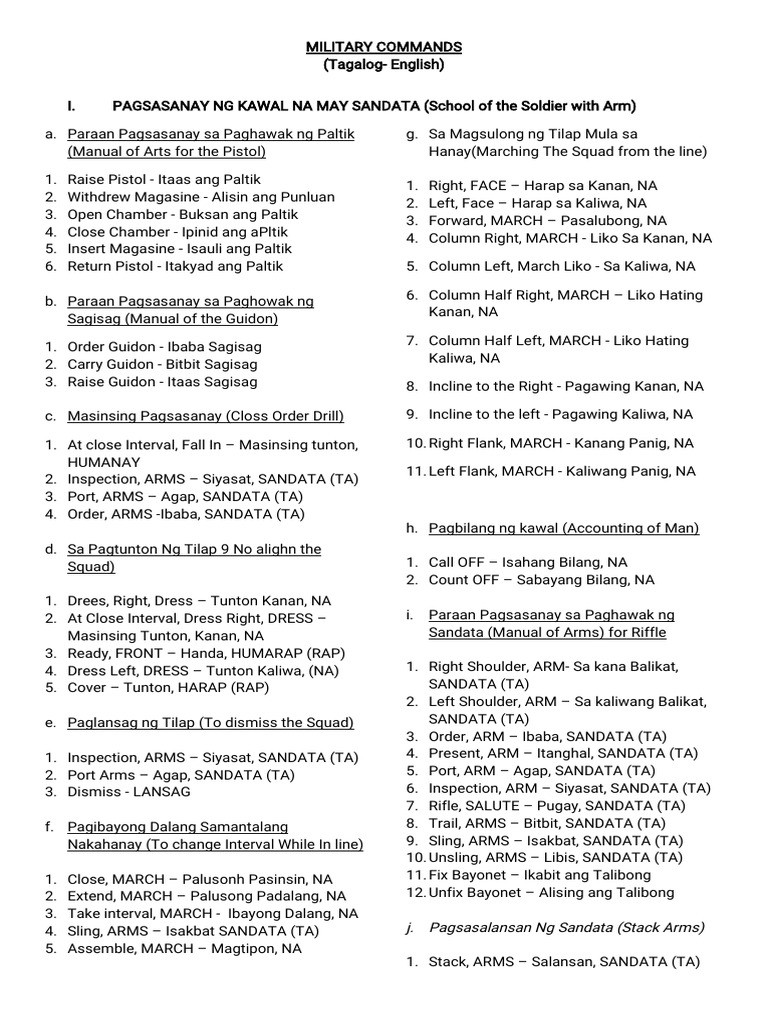 Military Commands: Tagalog-English Guide | PDF