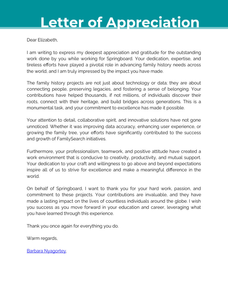 Appreciation Letter - Elizabeth Smith | PDF