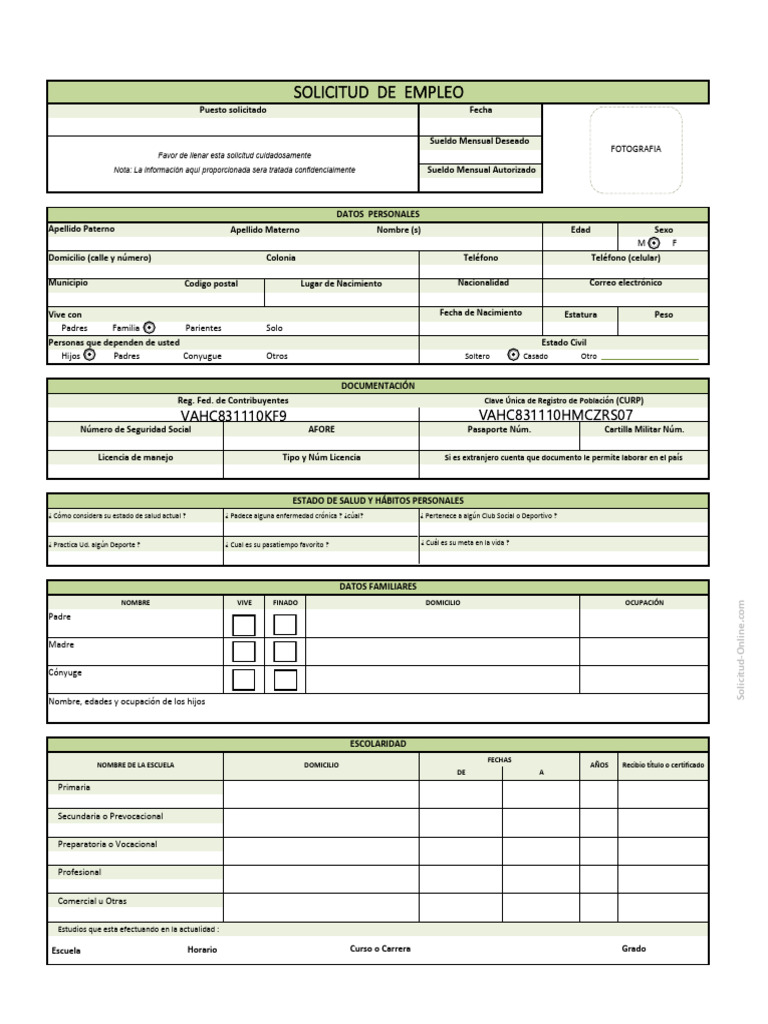 Solicitud de Empleo PDF Editable Verde | PDF | Comunicación escrita