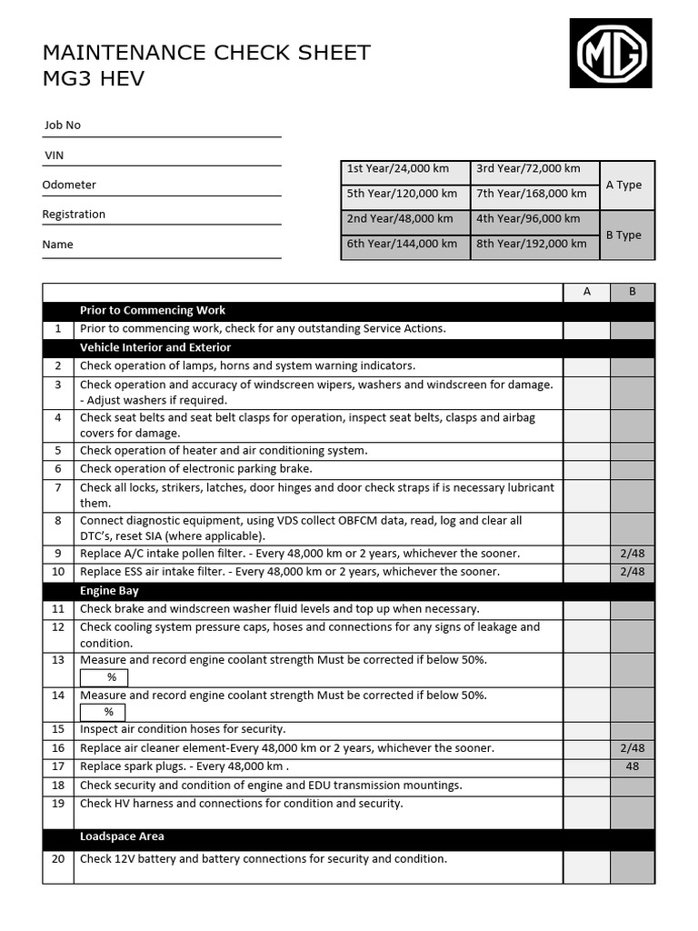 MG3 HEV Maintenance Check Sheet | PDF | Leak | Car