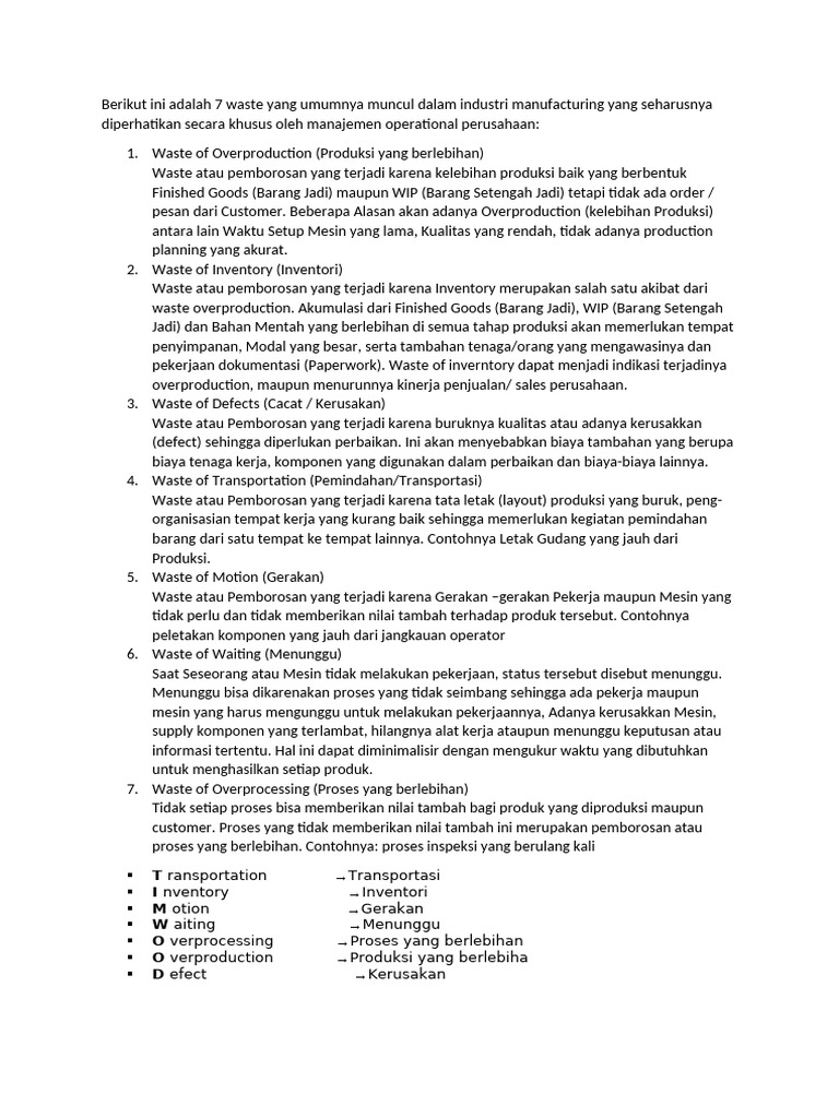7 Pemborosan dalam Industri Manufaktur | PDF