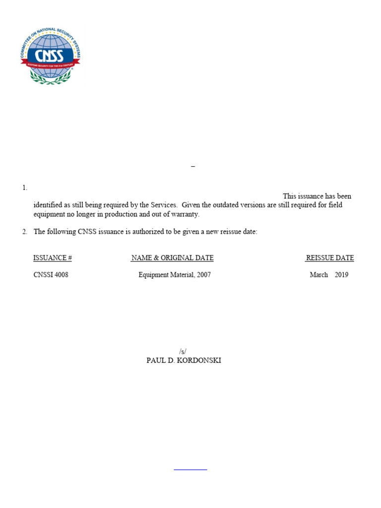 CNSS 20 19 Memo CNSSI 4008 Reissue Date | PDF