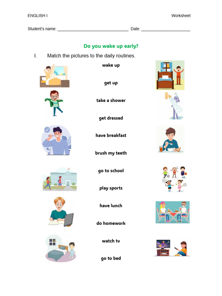 Daily Routines Worksheet for English I | PDF