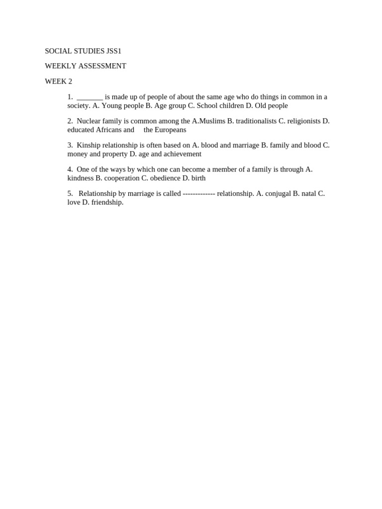JSS1 Social Studies Weekly Assessment | PDF