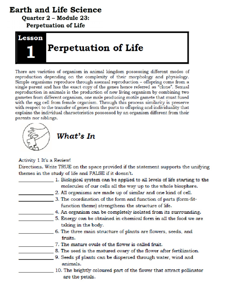 Worksheet Perpetuation of Life | PDF
