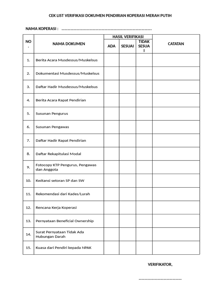 Cek List Verifikasi Dokumen Koperasi Kosong | PDF