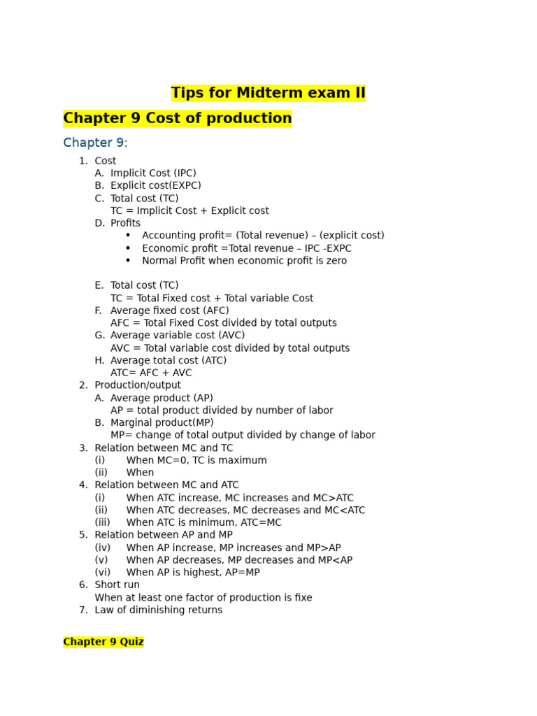 Tips For Midterm Exam II | PDF | Marginal Cost | Profit (Economics)