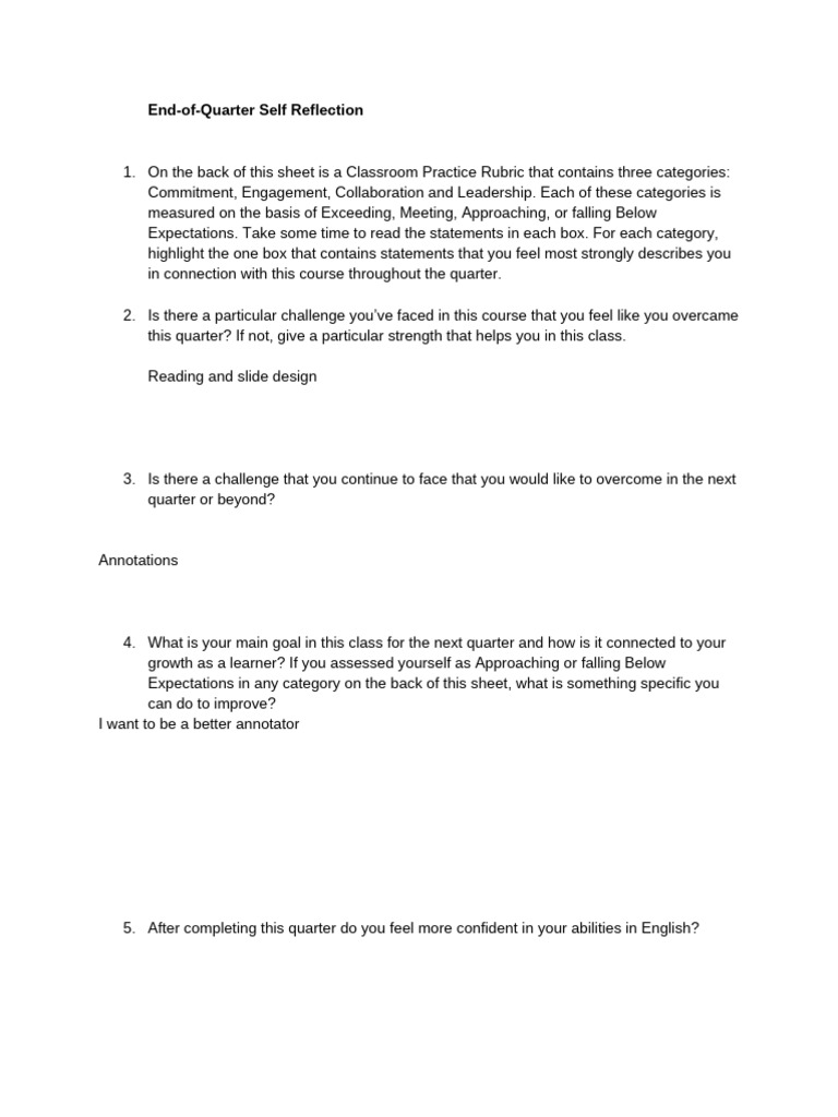 Quarterly Self Assessment | PDF