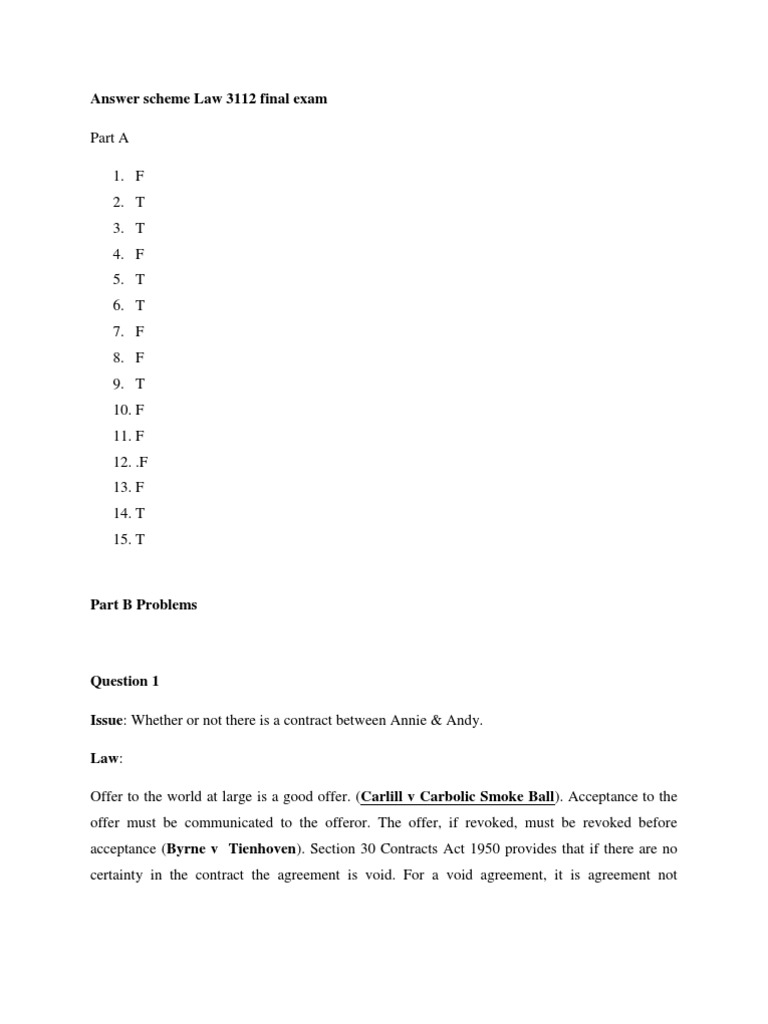 Answer Scheme Law 3112 - Final Exam | PDF | Offer And Acceptance ...