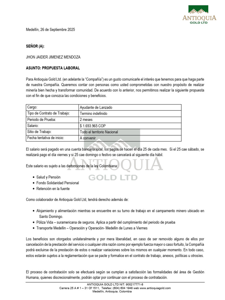 Propuesta Laboral - Jhon Jaider Mendoza | PDF | Colombia