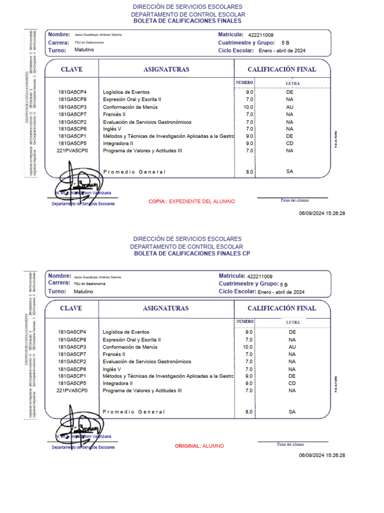 Boleta Calificacion 422211009 | PDF