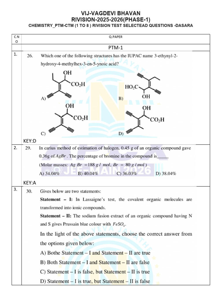 Chemistry - PTM-CTM (1 To 8) Rivision Test Selectead Questions - Dasara ...