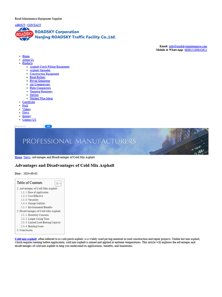 Advantages and Disadvantages of Cold Mix Asphalt - RoadSky | PDF ...