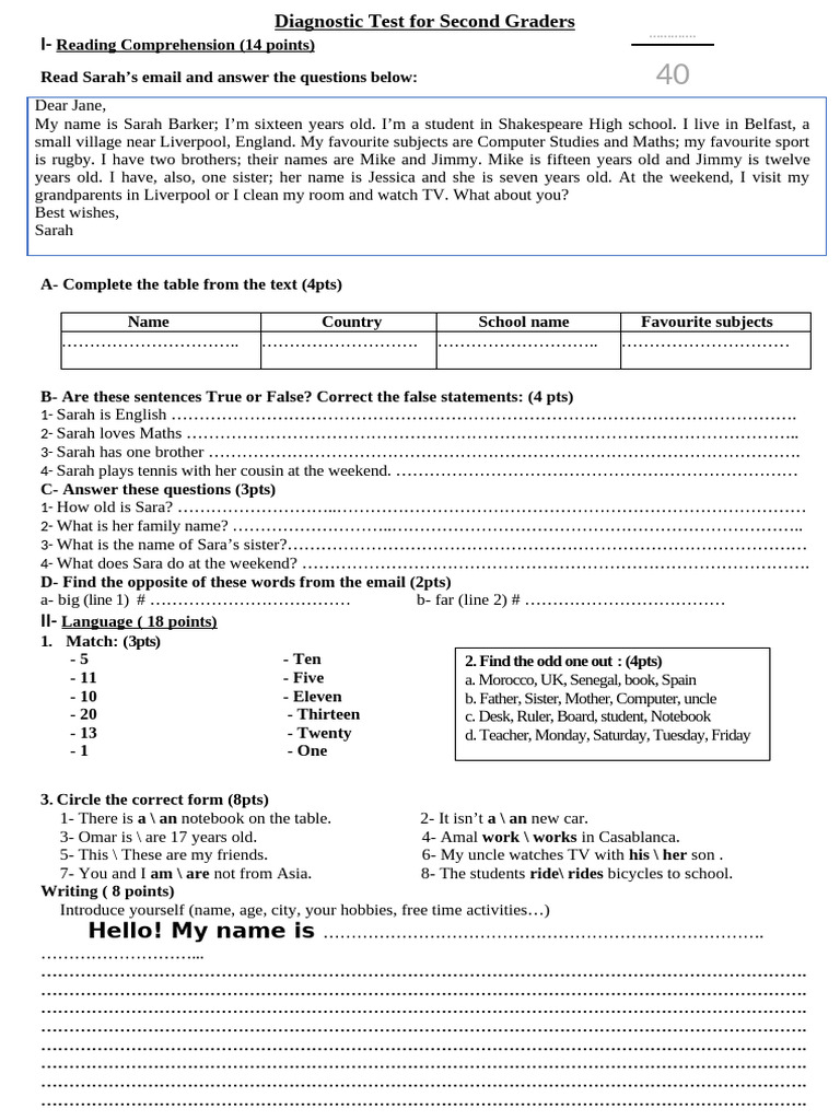 Diagnostic Test For Second Graders | PDF