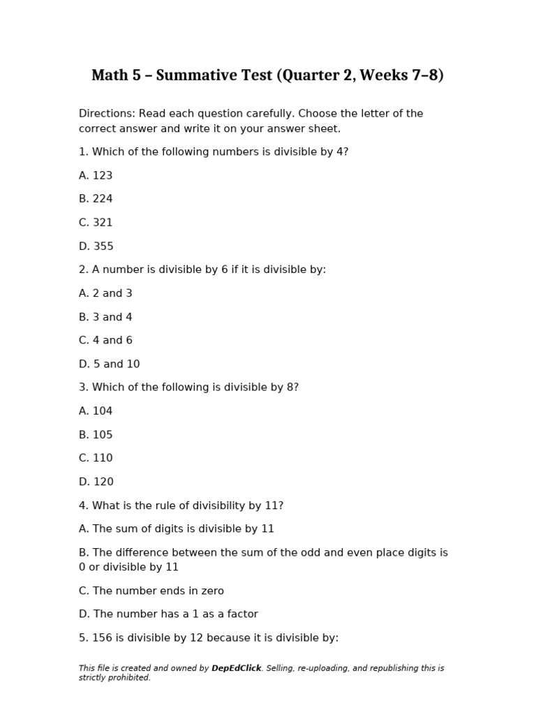Math 5 Quarter 2 Summative Test | PDF | Summation | Prime Number