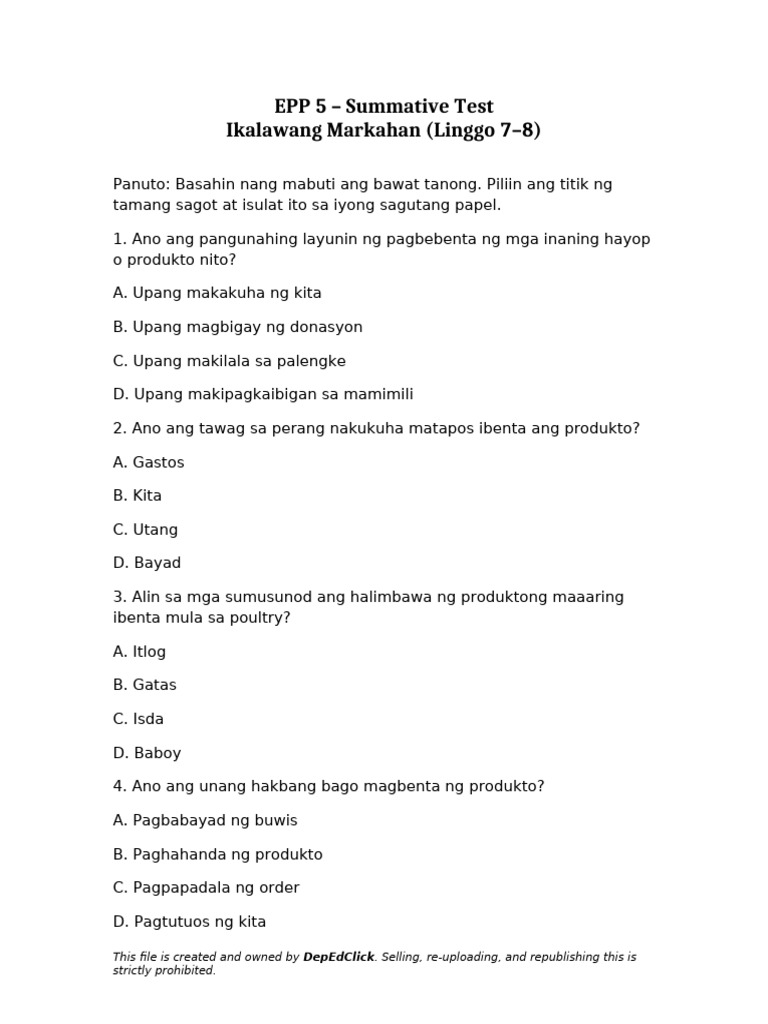 EPP5 Summative Test Q2 Weeks7 8 | PDF