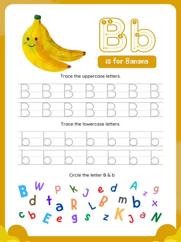 Yellow Fun Illustration Tracing Letter B For Banana Worksheet | PDF