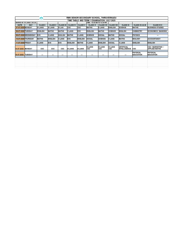 Midterm Timetable July 2025 - 26 | PDF