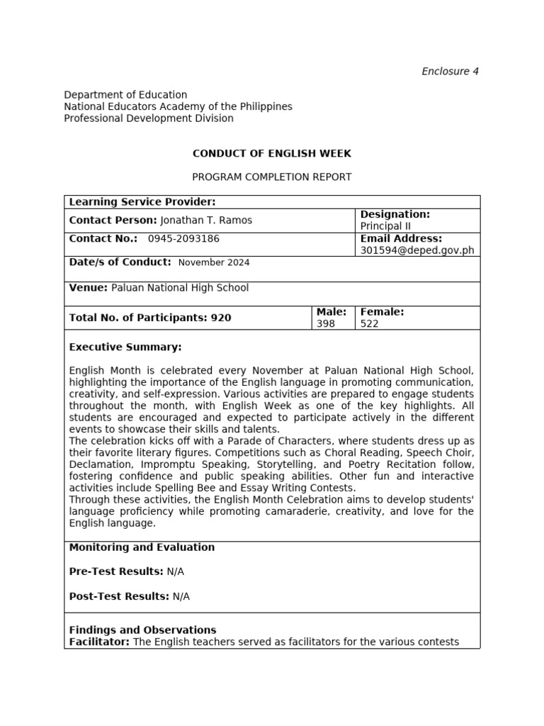 English Week Program Completion Report | PDF | Human Communication ...